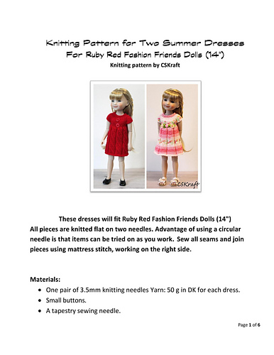 Ravelry: Two Dresses for Ruby Red Fashion Friends Dolls pattern by ...