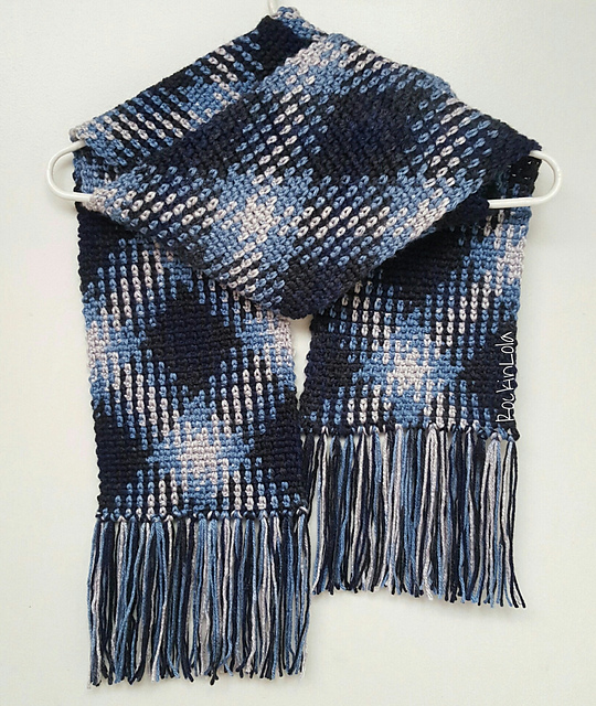 Ravelry: RockinLola's blue camo planned pooling scarf