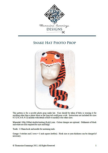 Ravelry: Snake Hat Novelty Photo Prop pattern by Thomasina Cummings Designs