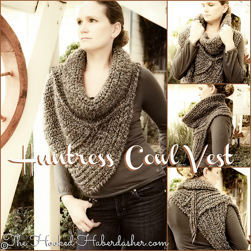 Ravelry: Huntress Cowl Cross-Body Vest pattern by Wendy Bickford