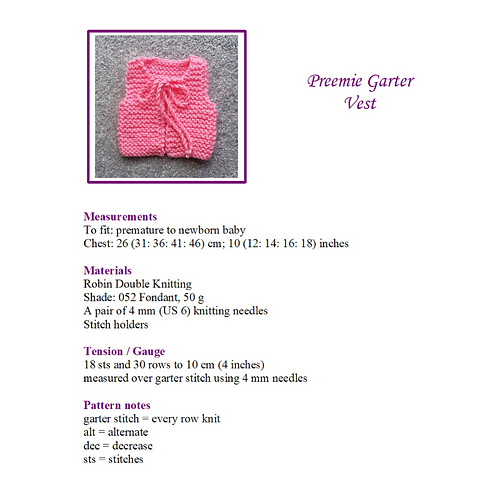 Ravelry: Preemie Garter Vest pattern by Esther Kate