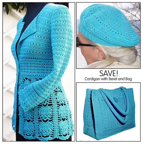 Ravelry: 3-SET: BLUE LACE CROCHET CARDIGAN + BLUE BAG + BLUE BERET ...