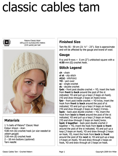 Ravelry: Classic Cables Ladies Tam pattern by Kim Miller