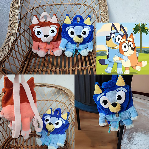 Ravelry: Bluey and Bingo backpack pattern by Marta Timok